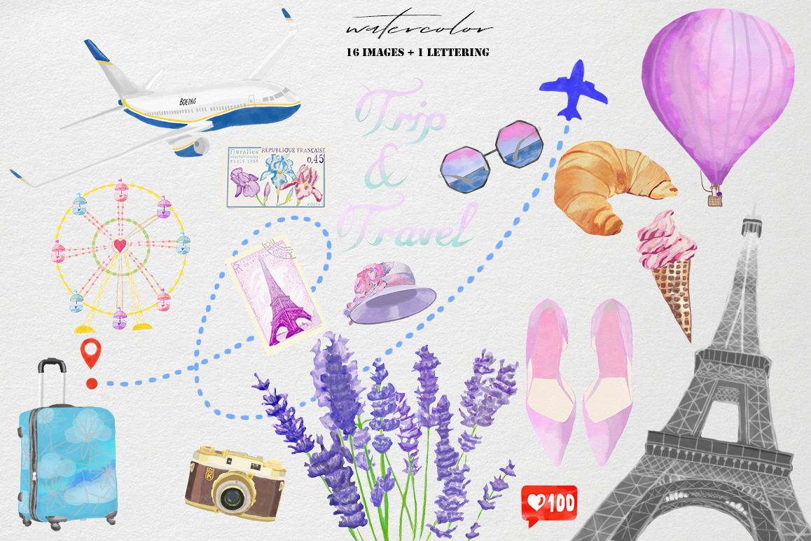 Trip & travel watercolor clip art set (97142) | Illustrations | Design ...