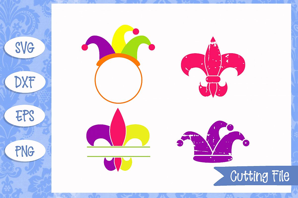 Jester hat, Fleur De Lis, Grunge effect Mardi Gras SVG Files