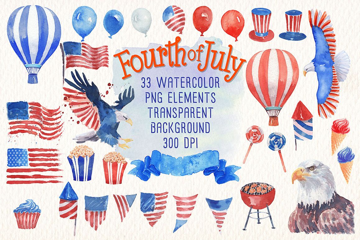 happy fourth of july handmade watercolor clipart set
