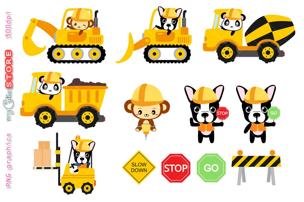 Cute animals construction vehicles and signs