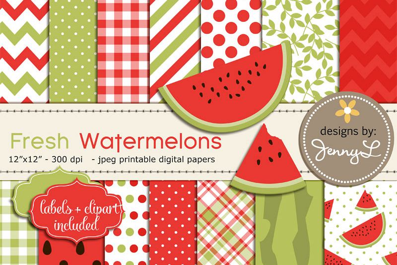 Watermelons Digital Papers and Clipart, Summer Picnic, Food Fruit Theme ...