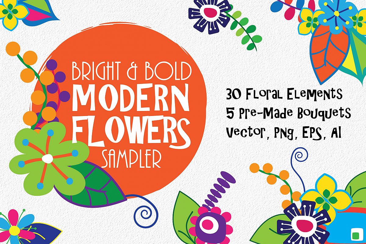Bright and Bold Modern Flowers Sampler -35 Clip Art Elements (38834 ...