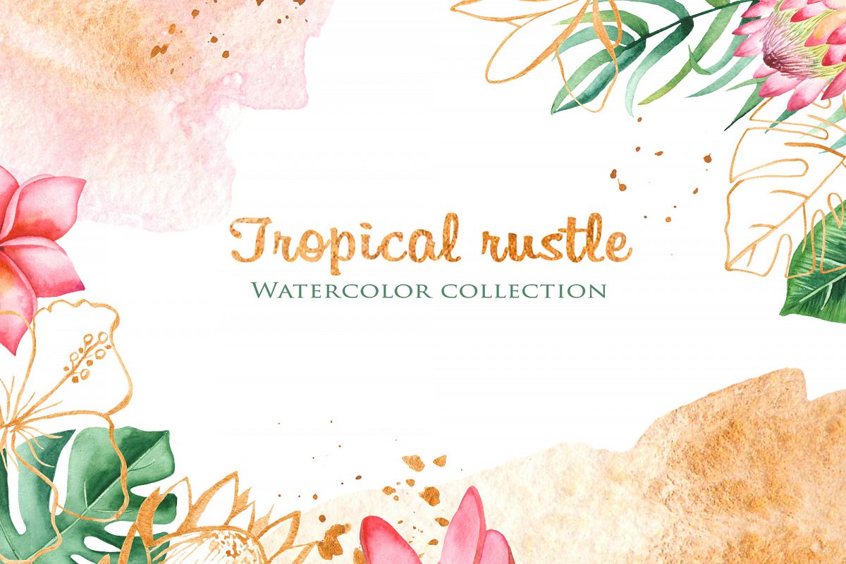 Tropical plants Watercolor clipart Leaves and flowers