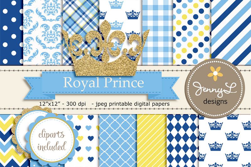 Royal Little Prince Digital papers and Clipart, Gold Crown Baby Shower ...