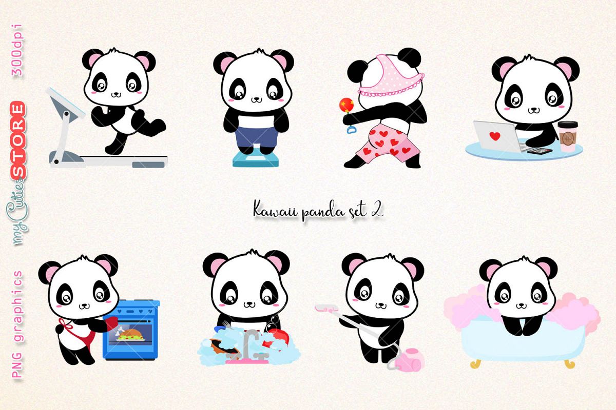 Kawaii panda clipart, PNG graphics collection, treadmill, weight scale ...