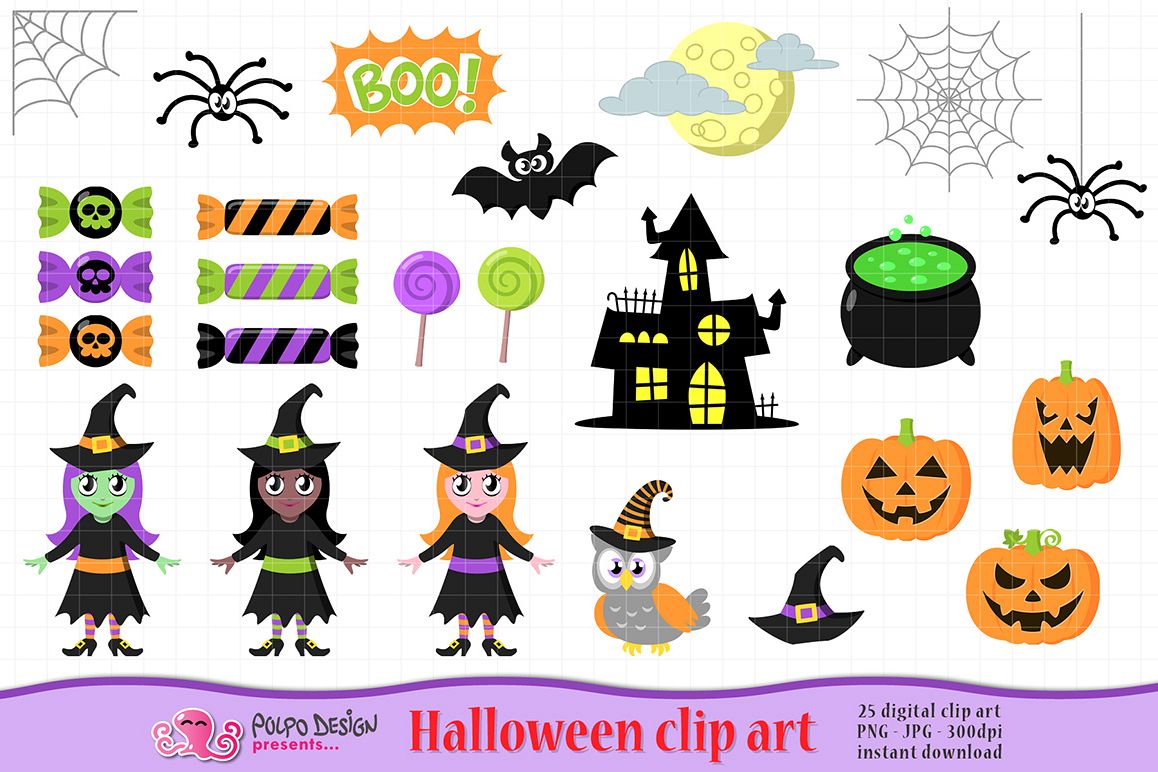 Cute Halloween clip art (136667) | Illustrations | Design Bundles