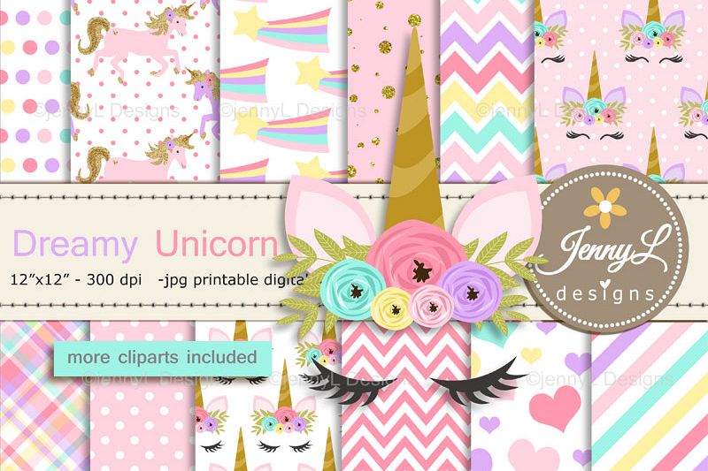 Unicorn Faces Digital Papers and Unicorn Clipart SET