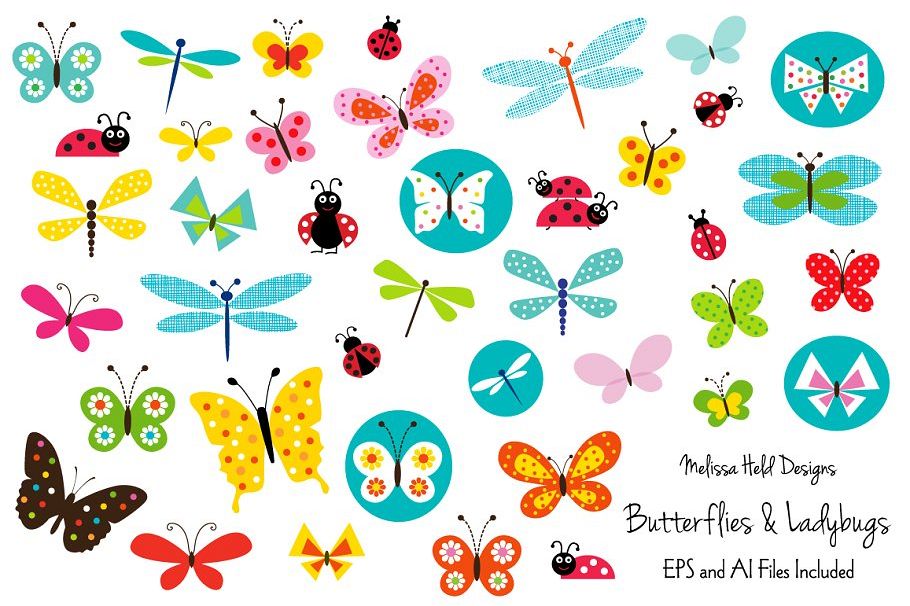 Butterflies and Ladybugs Clipart (160117) | Illustrations | Design Bundles