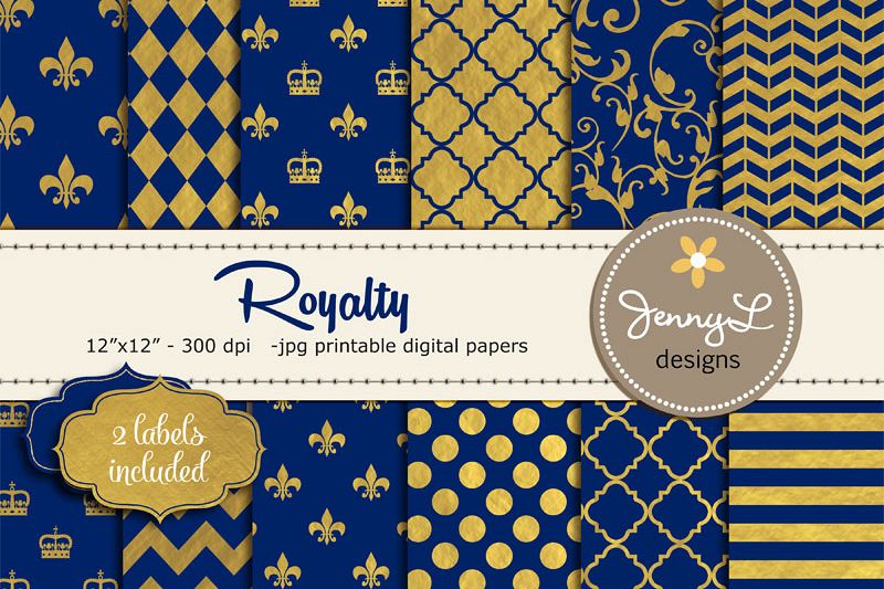 Gold and Navy Blue Digital Papers, Crown Digital Papers, Prince Digital ...