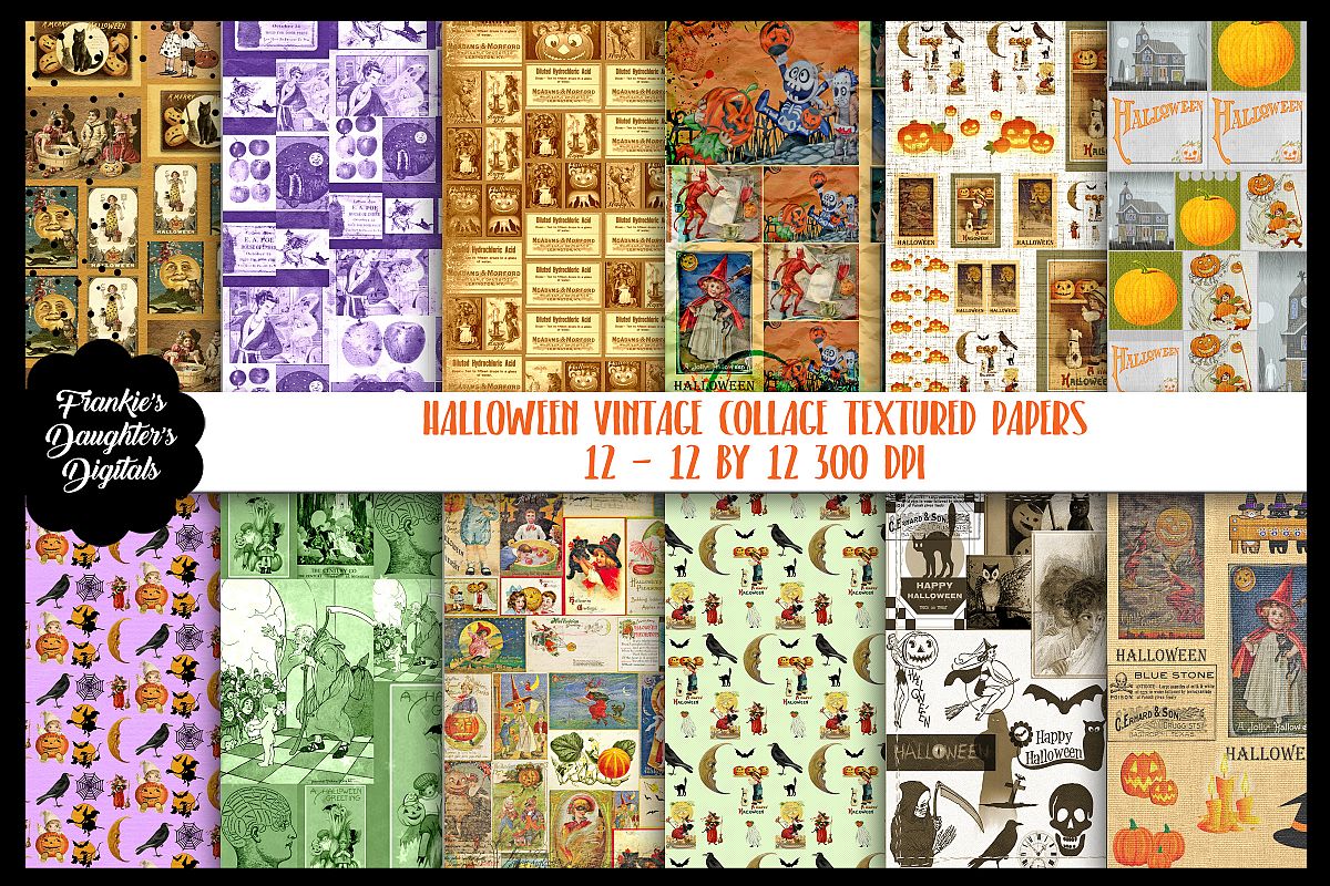Halloween Vintage Collage Textured Digital Paper Pack