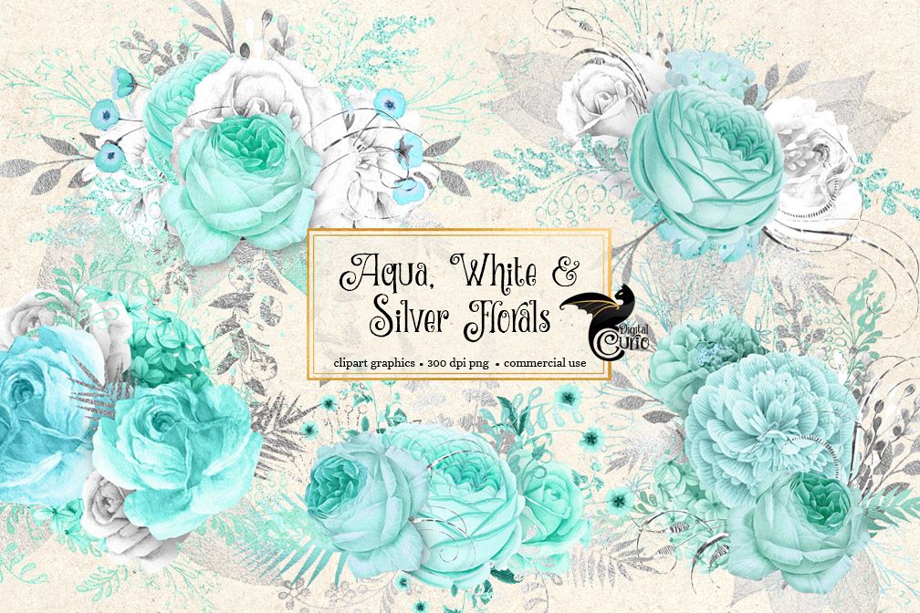 Aqua, White and Silver Floral Clipart