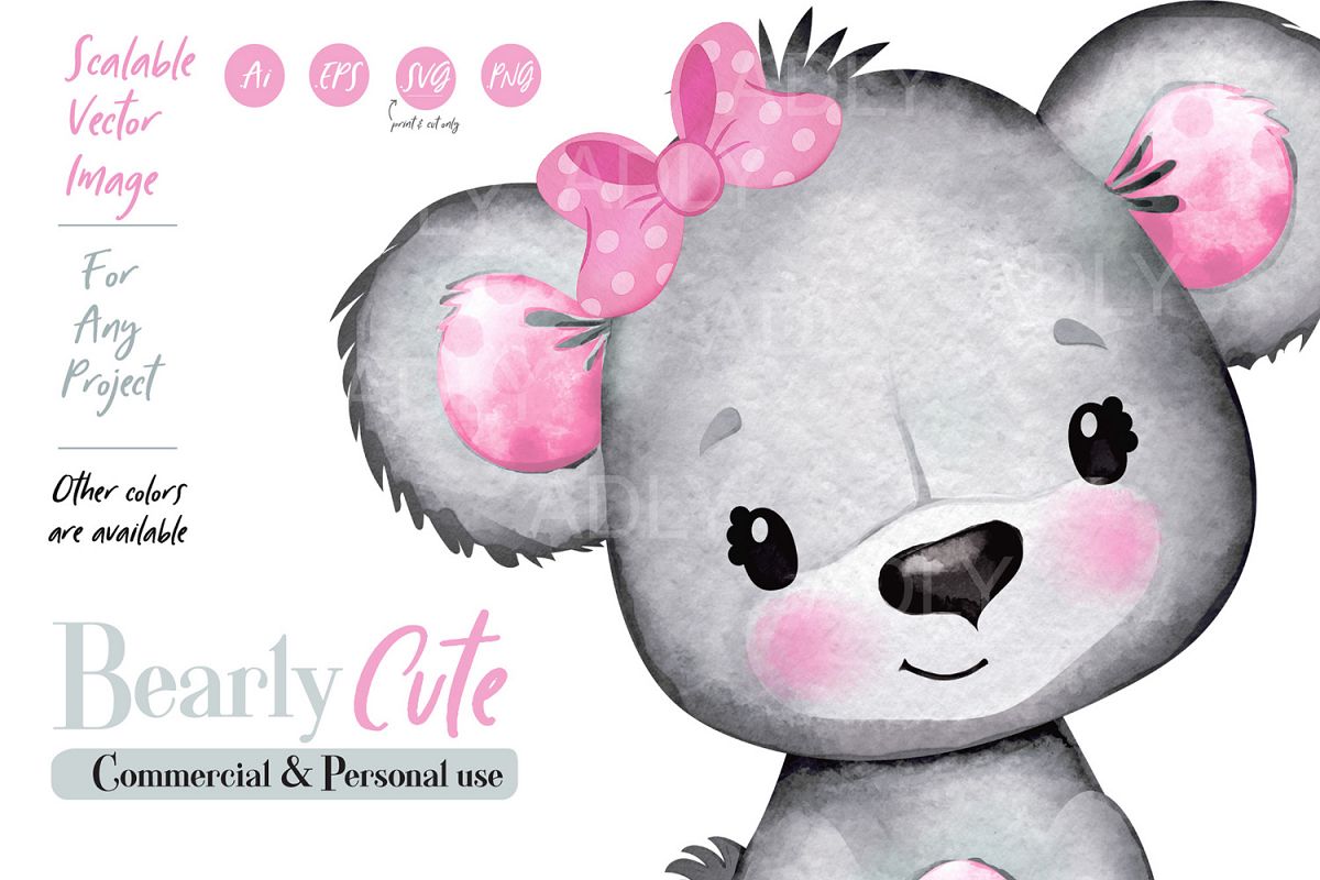 Pink Girl Teddy Bear Clip art with bow, watercolor baby bear