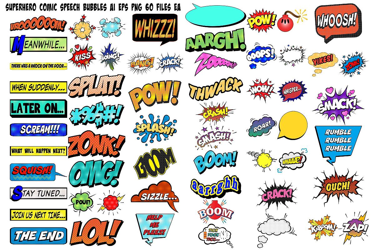 Superhero Comic Speech Bubbles AI EPS PNG (159411) | Illustrations ...