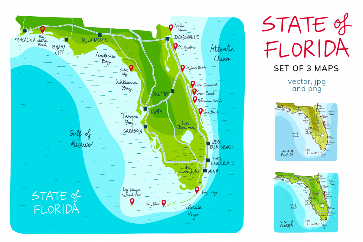 Maps of Florida Hand drawn collection (270455) | Illustrations | Design ...