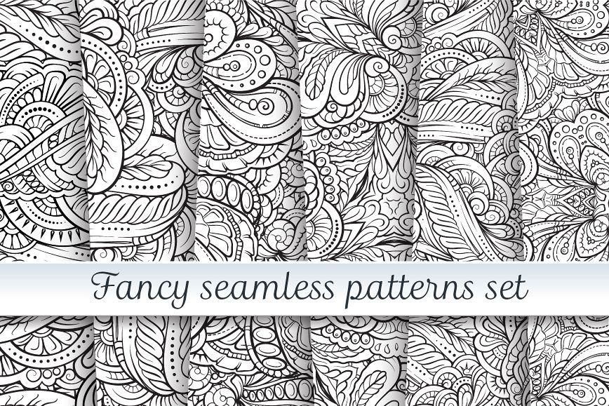 Fancy black and white seamless patterns set