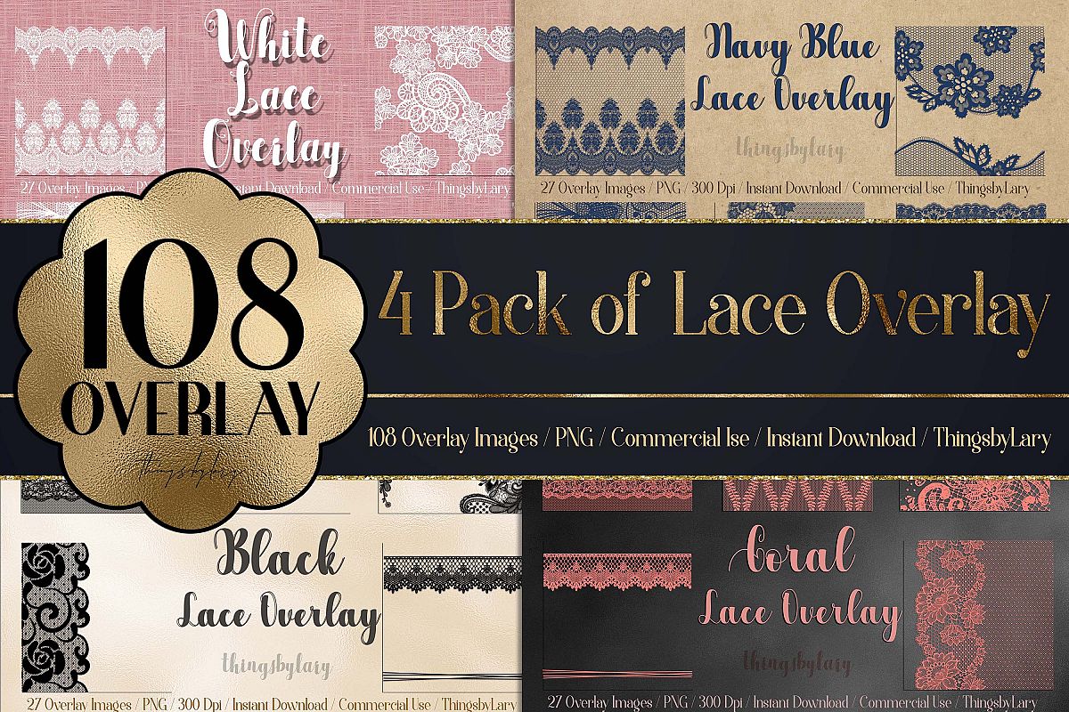 4 Sets of Lace Border Frame Overlay Transparent Images PNG
