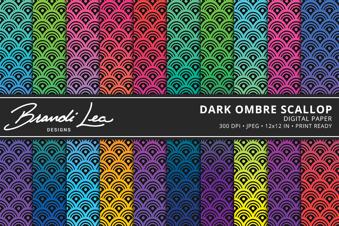 Dark Ombre Scallop Digital Paper Pack (26558) | Backgrounds | Design ...