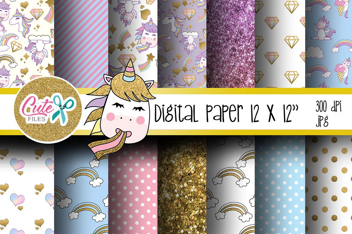 Cute unicorn digital paper with glitter (368763) | Backgrounds | Design ...