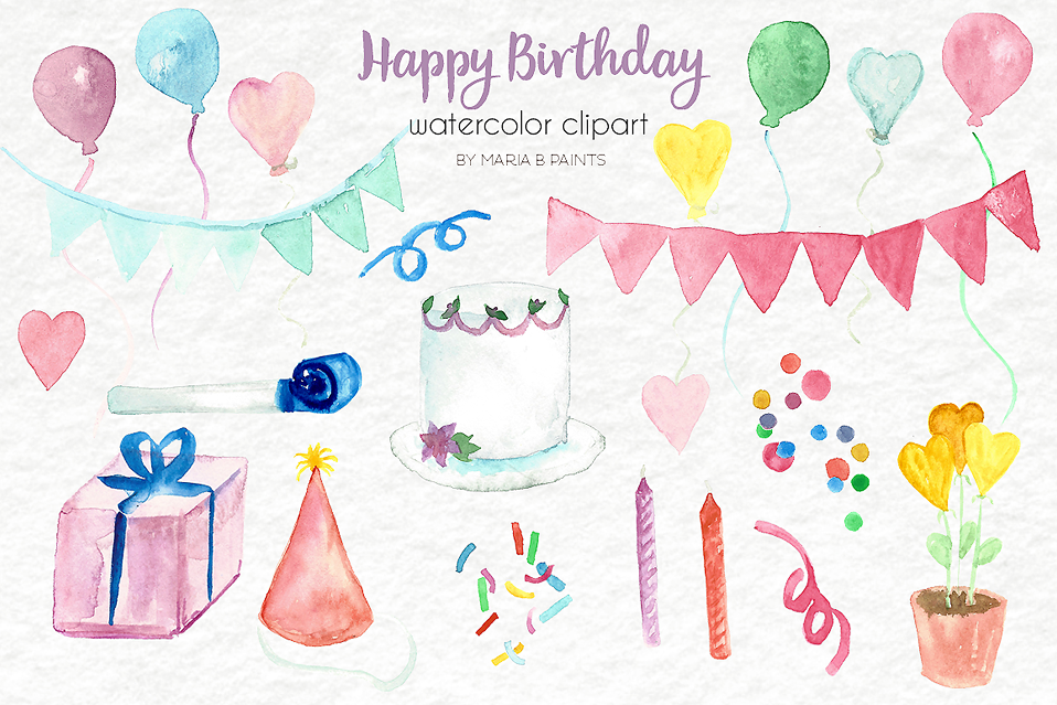 Happy Birthday Party Watercolor Clipart (200904) | Illustrations ...