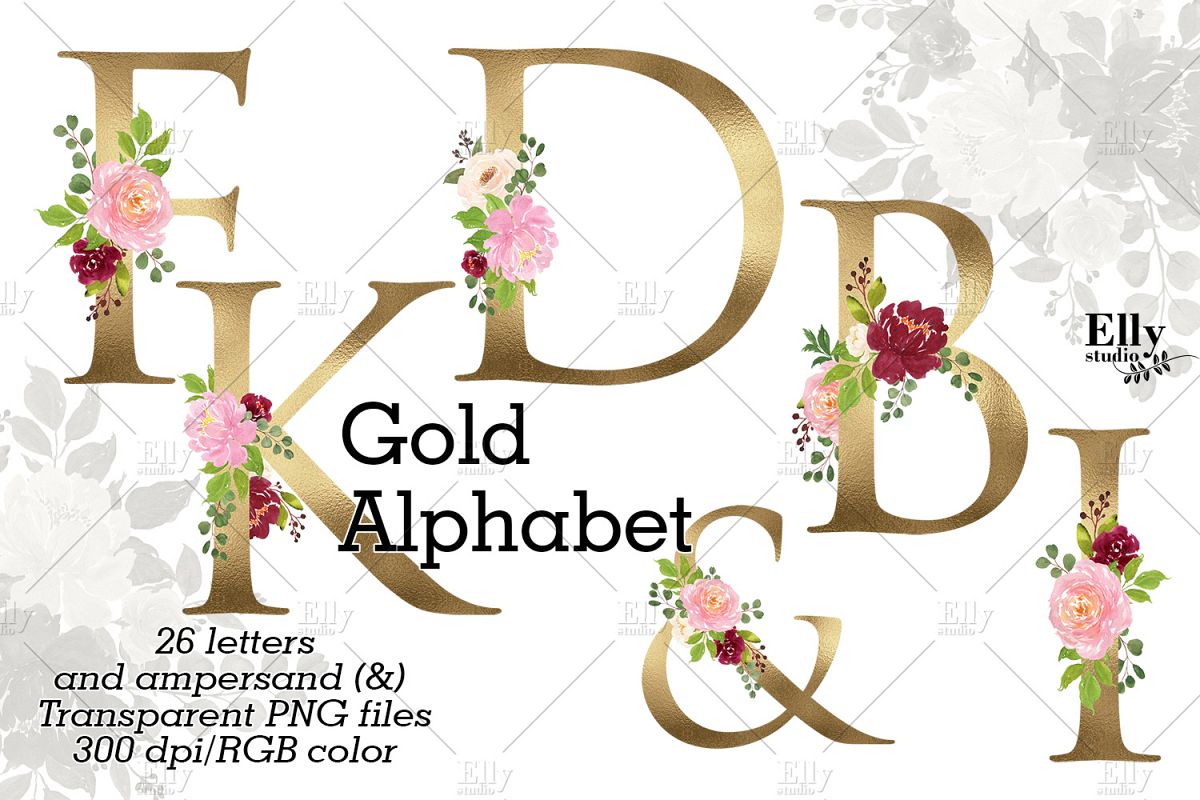 Gold Floral Alphabet Clip Art (85478) | Illustrations | Design Bundles