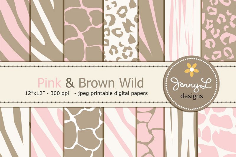 Pink and Brown Animal Print Digital papers, Baby Girl Safari, Zebra ...