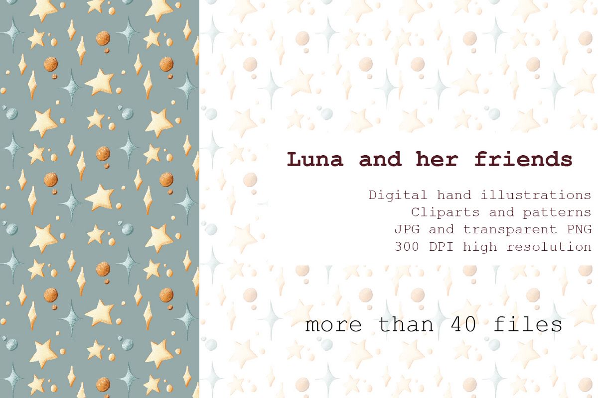 Moon, sun, clouds and stars clipart for baby design.