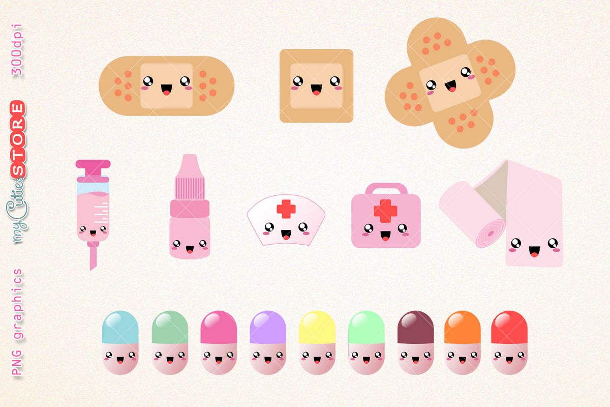 Collection of health aid kawaii clipart, pills and bandage aid medical ...