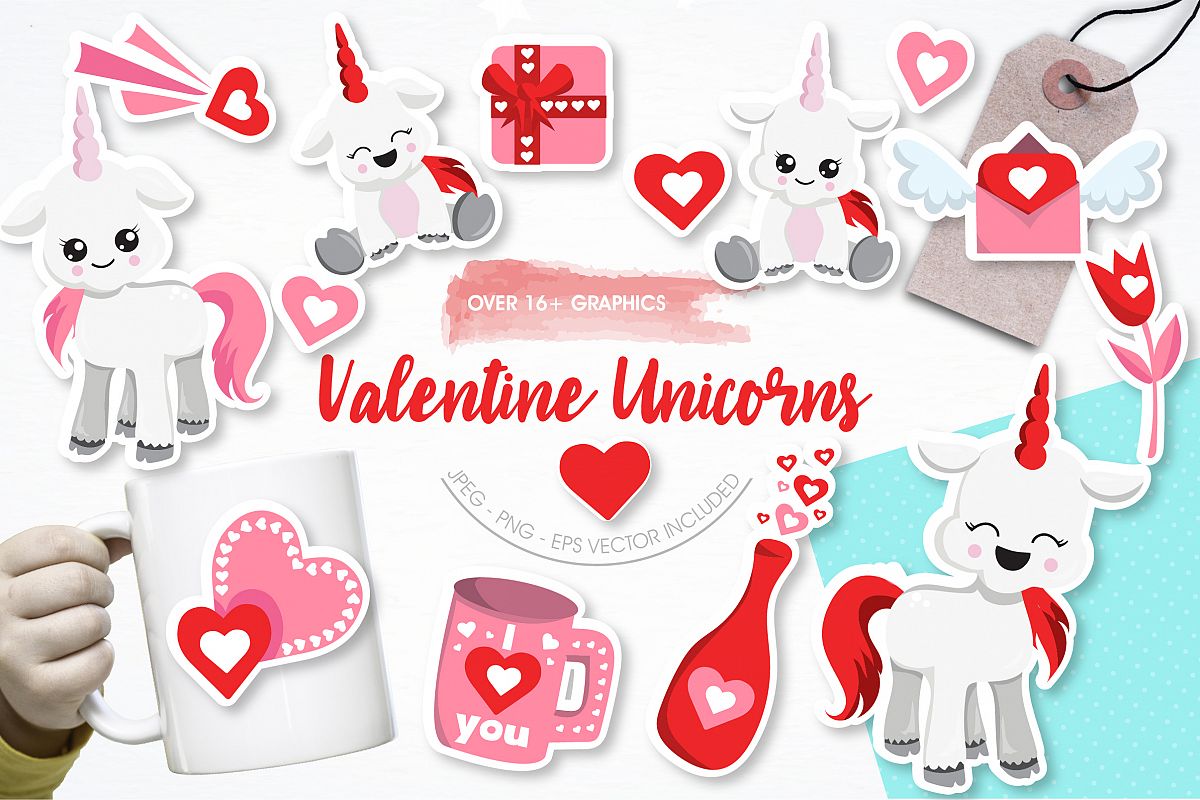 Valentine Unicorns graphics and illustrations