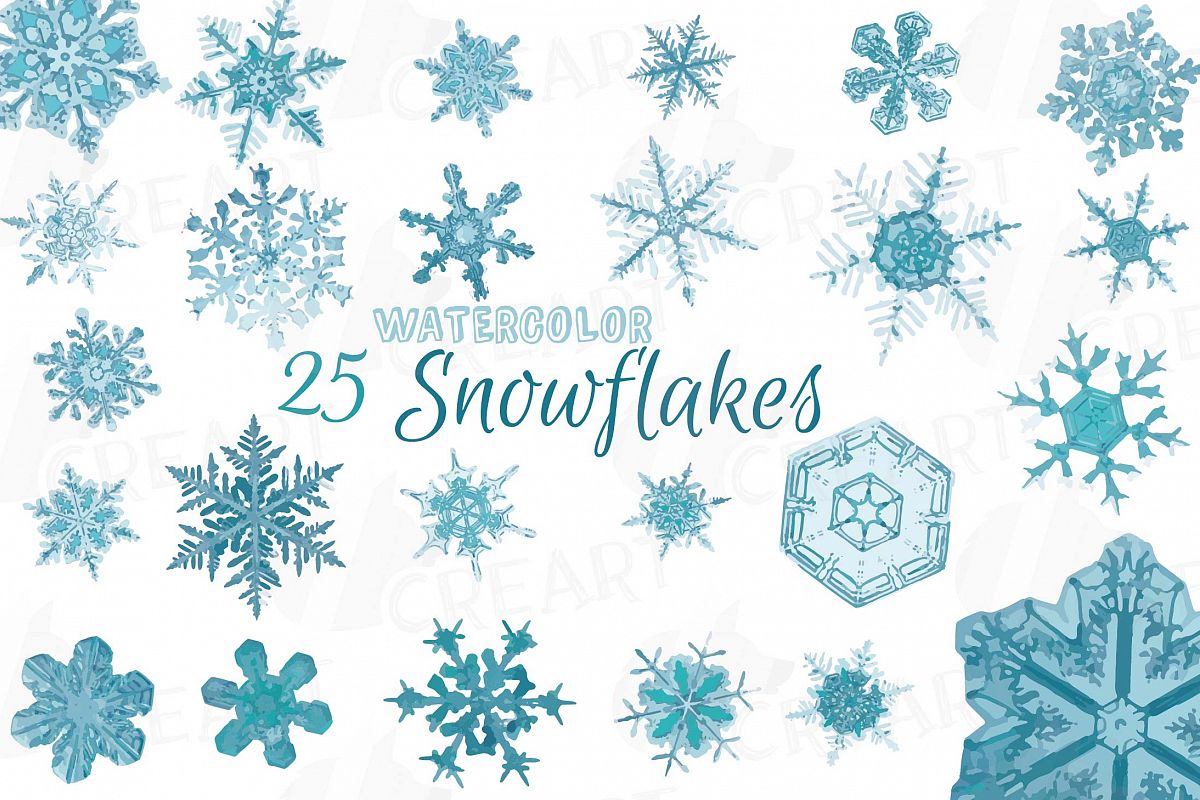 Watercolor snowflakes clip art, Hand painted snow crystals