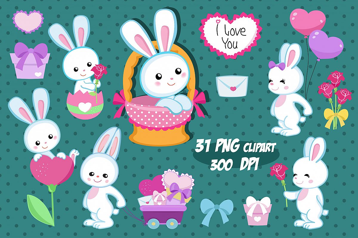 Bunnies Clipart, Valentine Clipart, Rabbits Clipart.