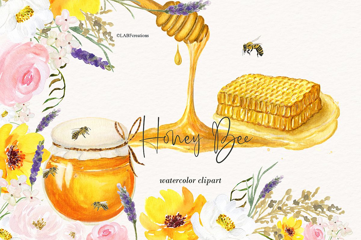 Watercolor Honey Bee Clipart. Honeycombs and hives.