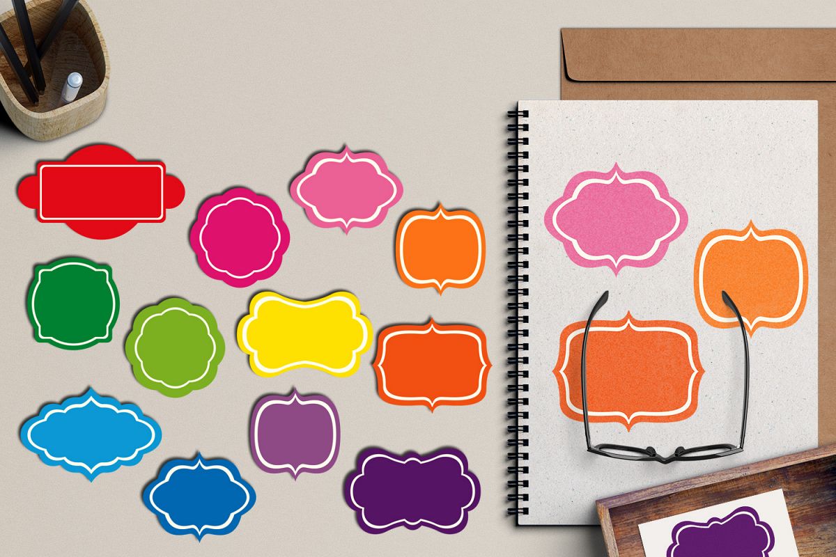 Simple frames tags labels clipart graphics, rainbow colors