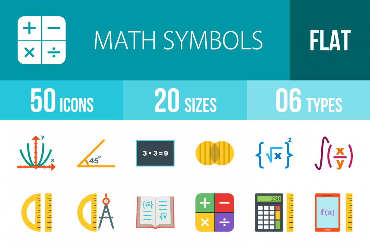 50 Math Symbols Flat Multicolor Icons