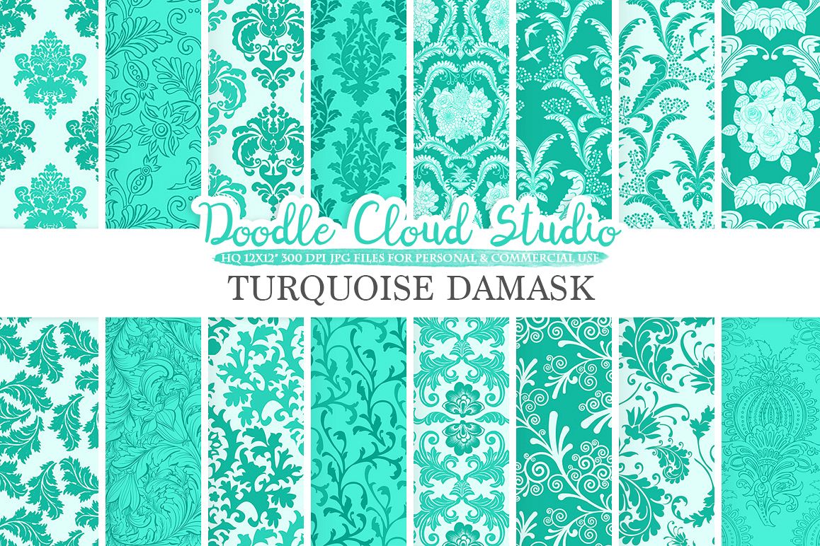 Aqua Damask digital paper, Swirls Turquoise patterns, Digital Floral ...
