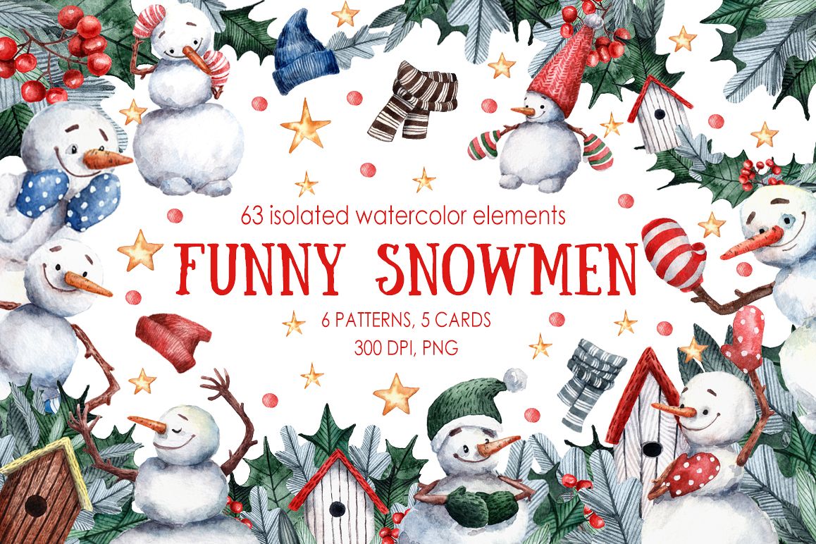 Funny Snowmen - Watercolor Clip Art Set (137289) | Illustrations ...