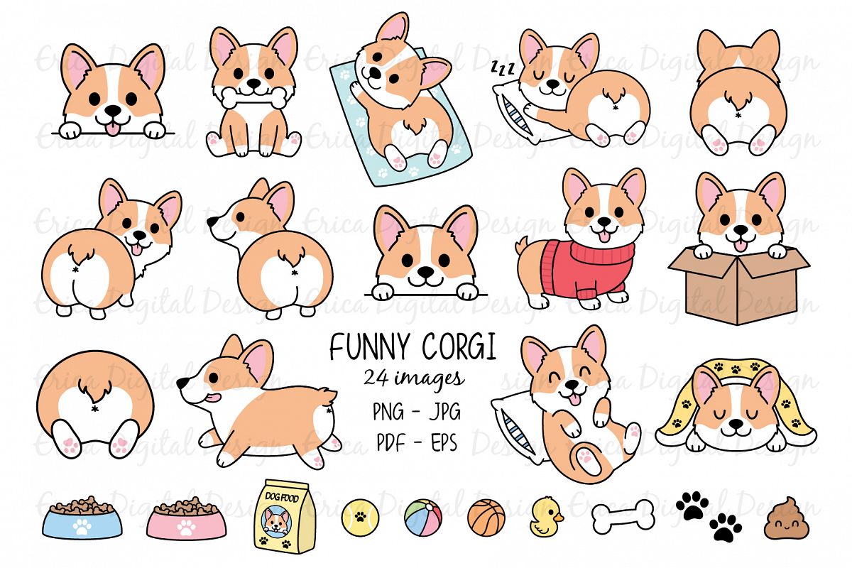 Funny Corgi Clipart set - 24 cute images - Dog - Bundle