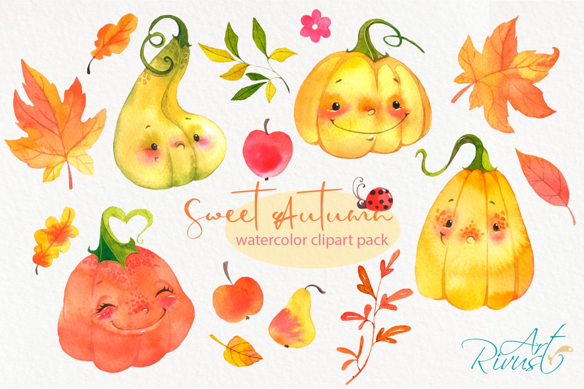 Cute watercolor pumpkins clipart. Fall leaves clip art. (335917 ...