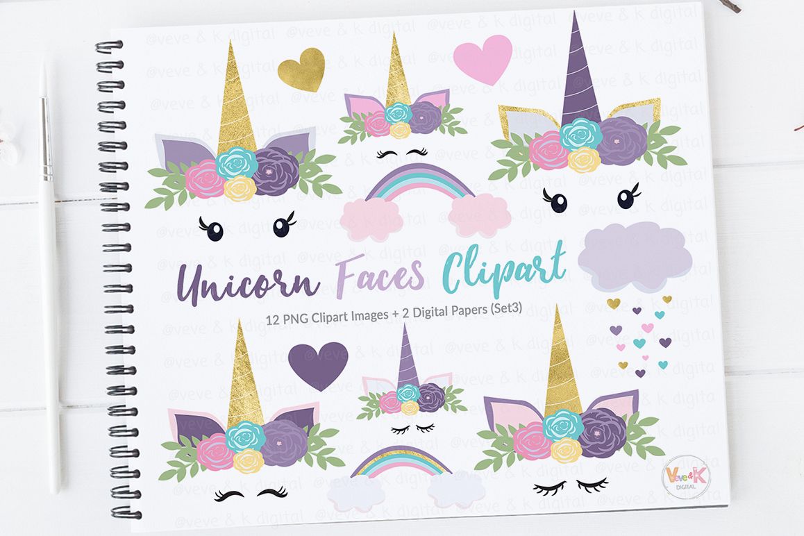 Purple Unicorn Faces Clipart, Unicorns Clipart, Purple Unicorns, Gold ...