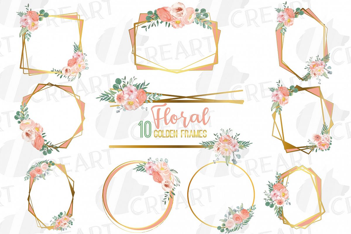 Blush and gold watercolor floral wedding frames and borders (275564 ...