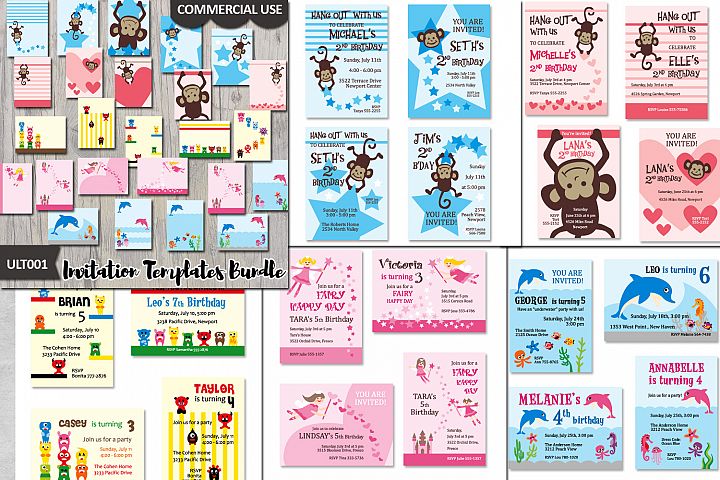 Templates Bundle, kids birthday party invites cards