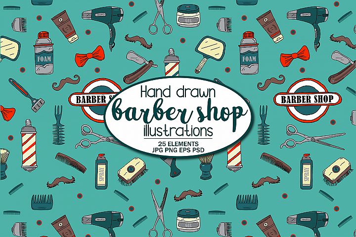 Hand Illustrated Barber Shop Tools Pattern