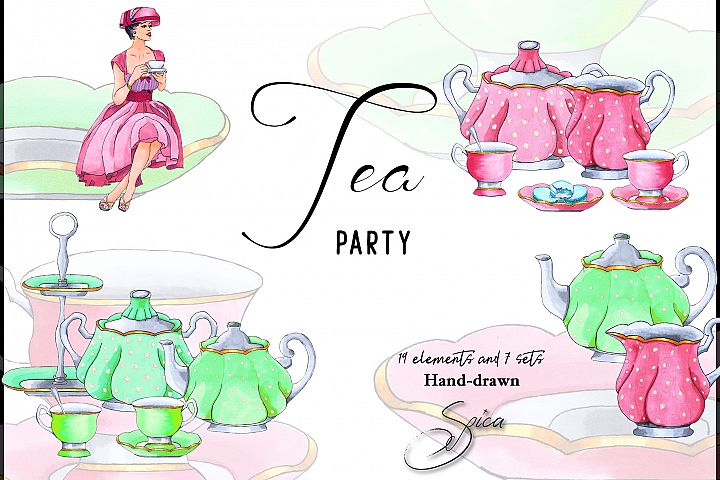 Tea party. Hand painted clip art (82402) | Illustrations | Design Bundles