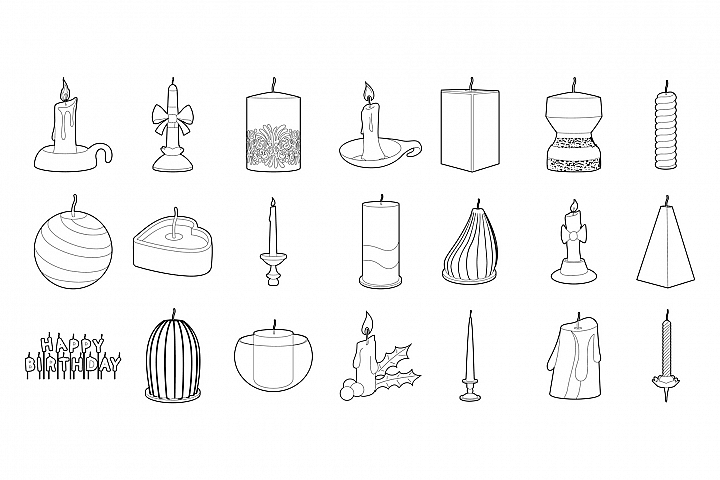 Candle icon set, outline style