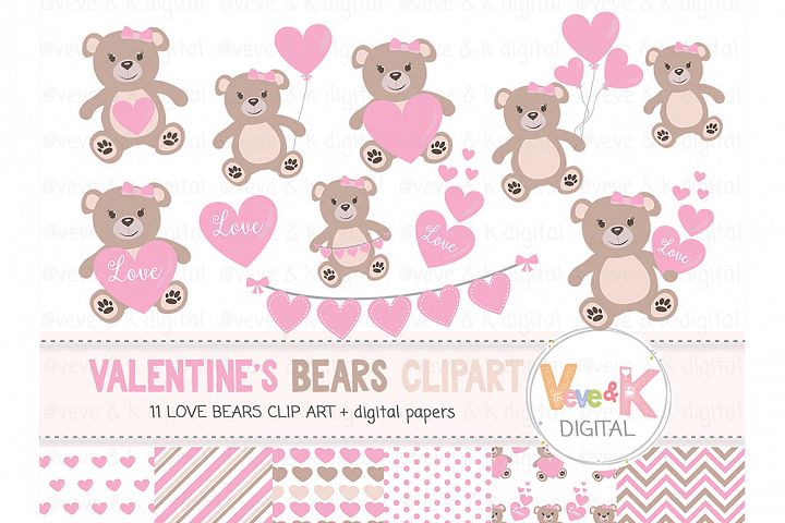 Teddy Bear Clipart Set, Love Bear Clipart, Love Bear Digital Papers ...