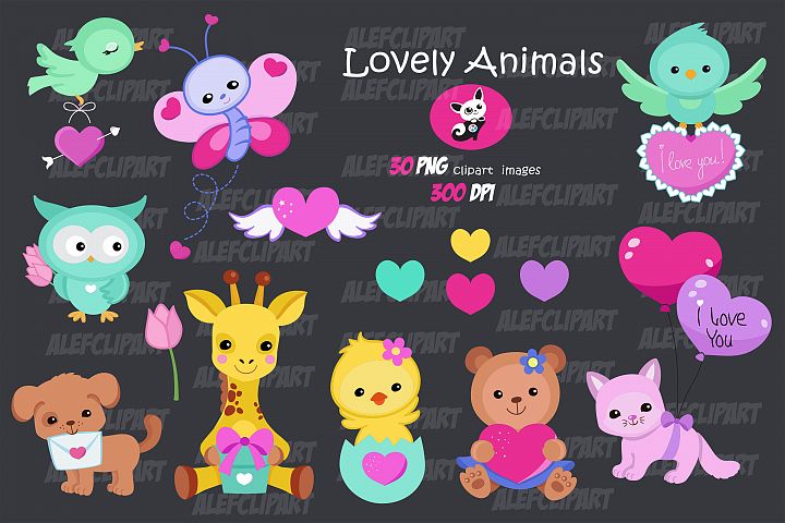 Lovely Animals Valentine Clipart. (185110) | Illustrations | Design Bundles