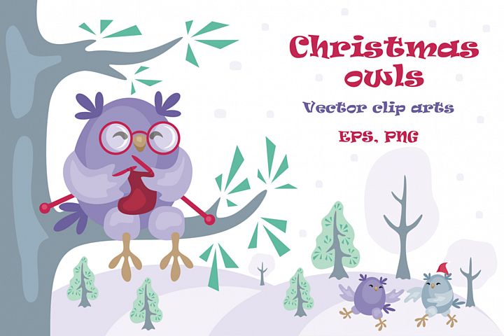 Christmas owls. Vector clip arts.