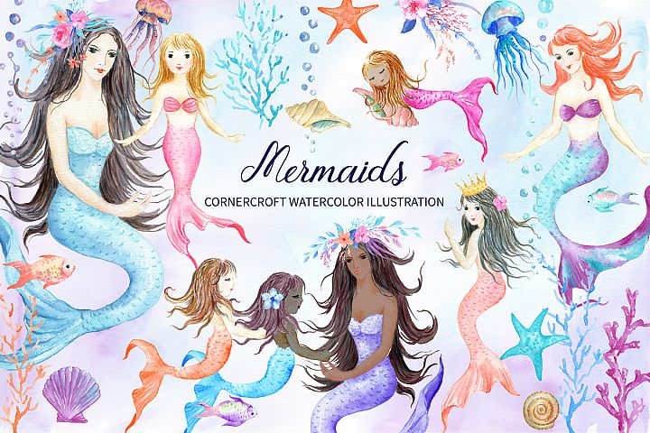 Watercolor mermaids illustration