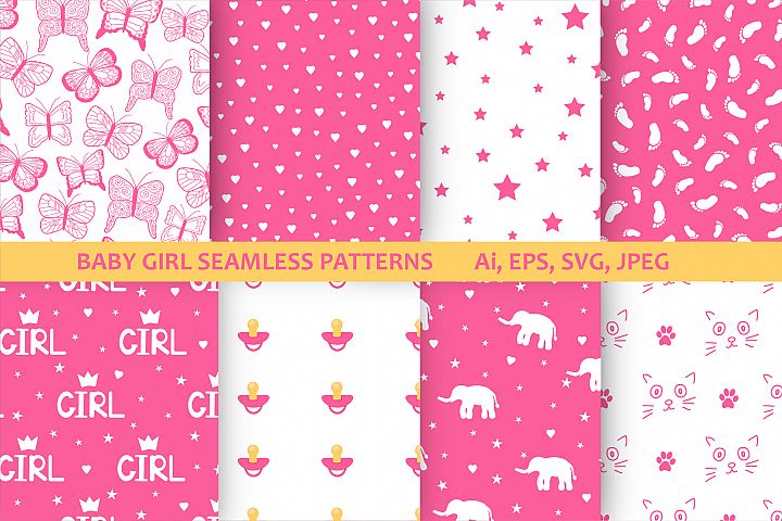 Baby girl digital paper.8 seamless patterns.Pink backgrounds (273232 ...