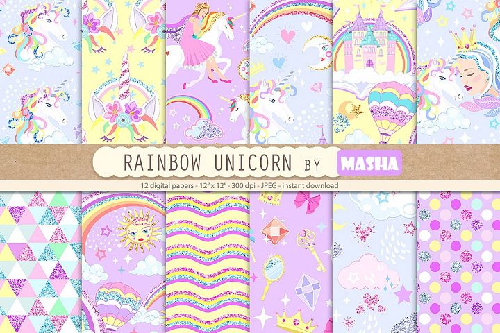 RAINBOW UNICORN digital paper pack