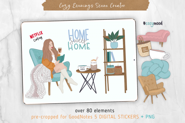 Cozy Digital Stickers Scene Creator. PNG & GoodNotes 5 file